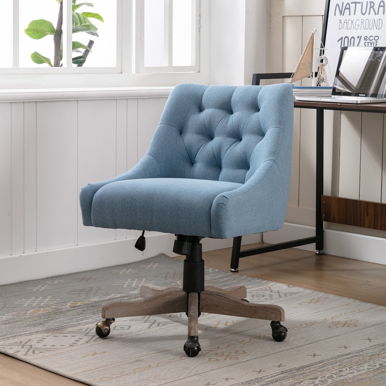 Rivendale Tufted Linen Office Chair with Wooden Base - Blue – Finally ...
