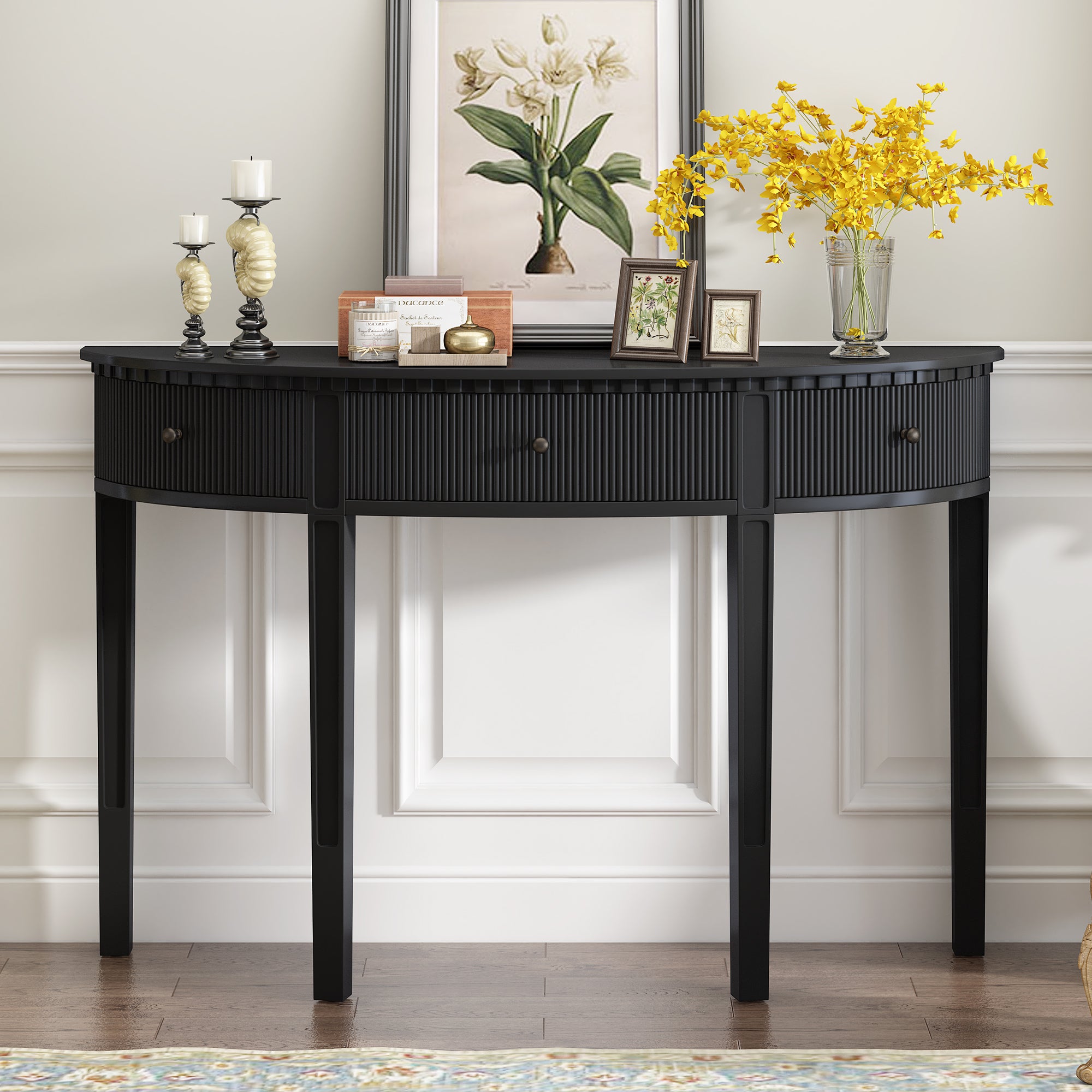 Leonard Transitional 3 Drawer Vertical Stripe Console Table Black Finally Home Furnishings LLC